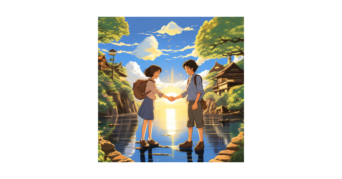 Morning Sun Handshake Ghibli, | AI Vector Graphic